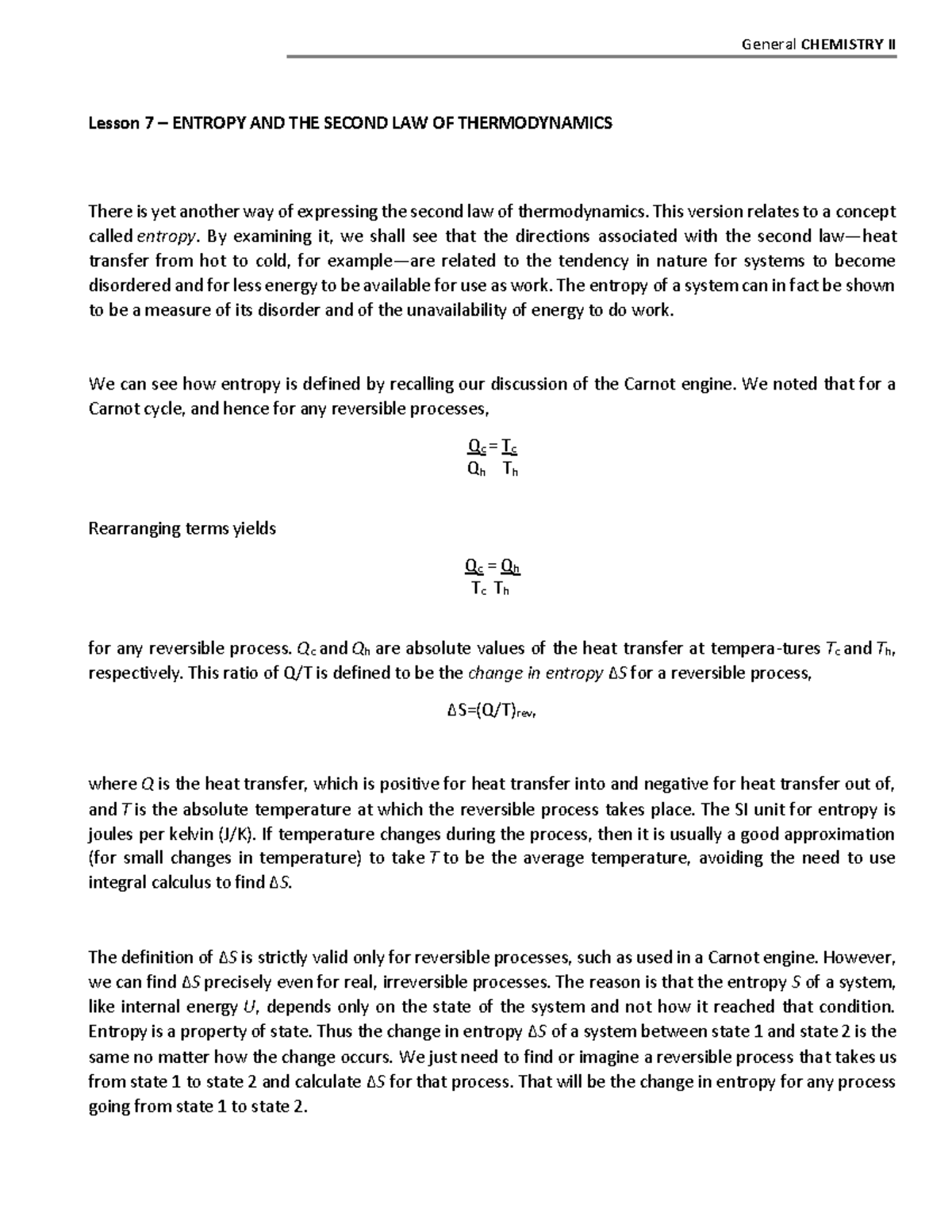 Entropy - STEM - Lesson 7 – ENTROPY AND THE SECOND LAW OF ...