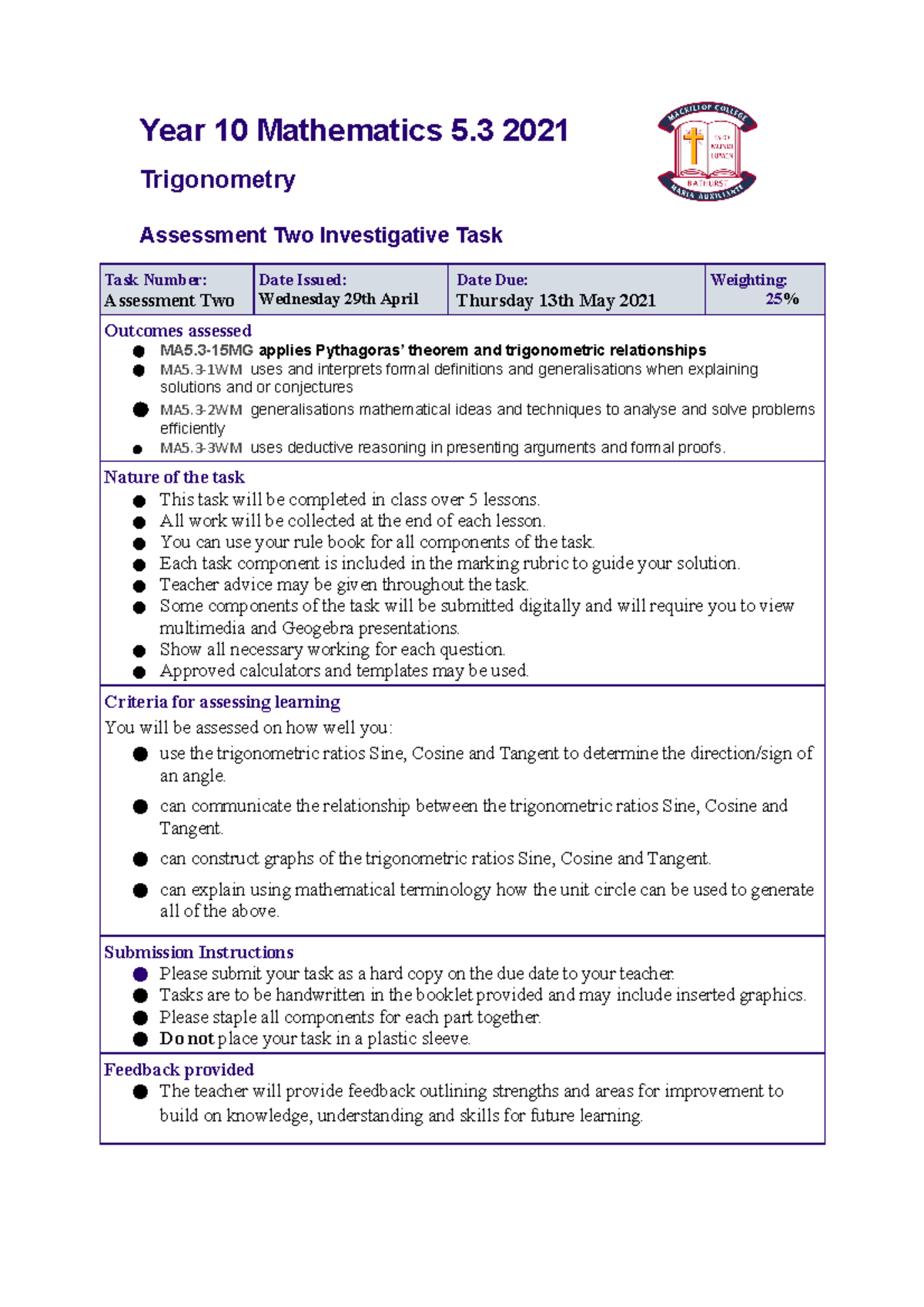 Year 10 Mathematics 5.3 Notification Assessment Two - 38272 - StuDocu