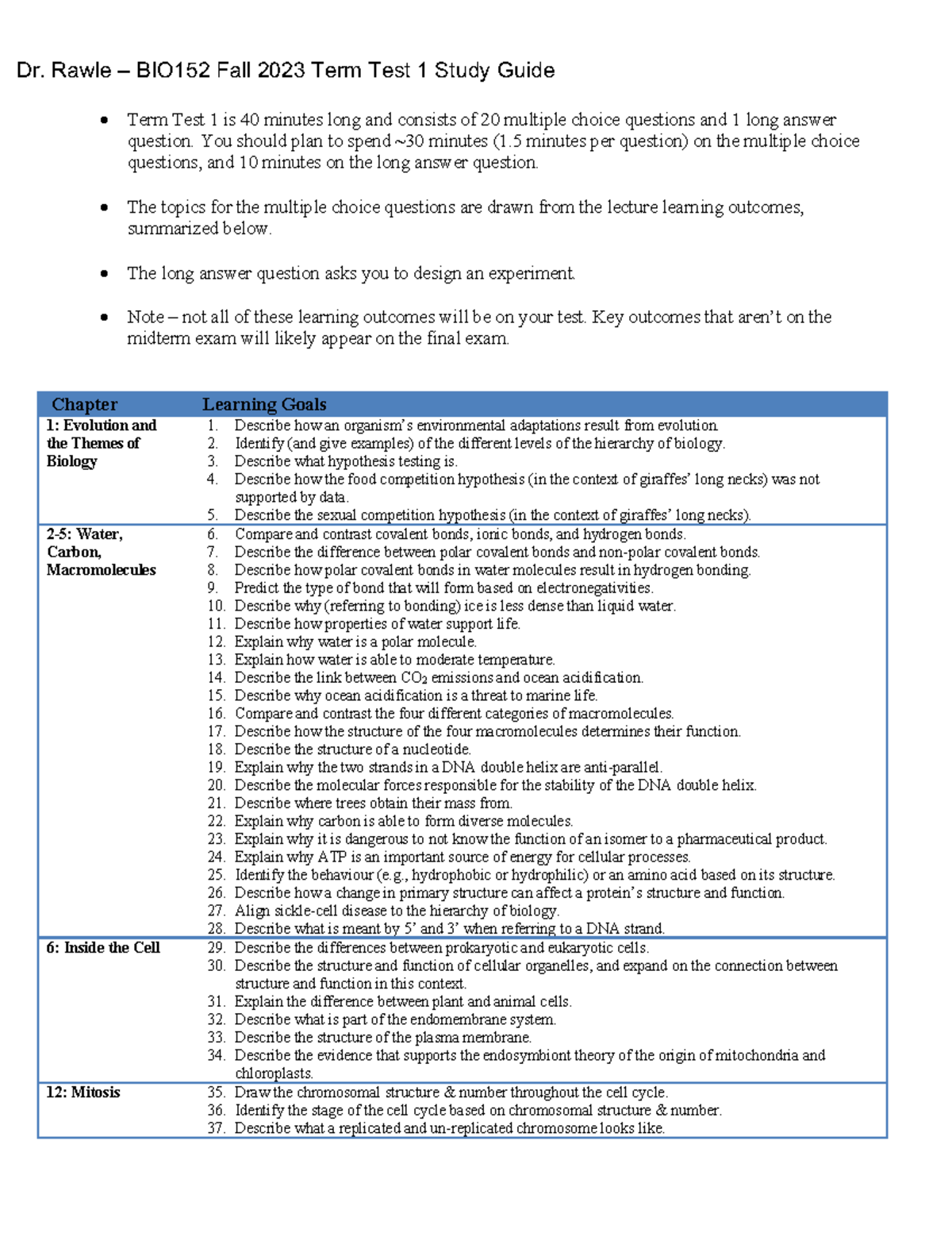 BIO152 Fall 2023 Term Test 1 Study Guide final - Term Test 1 is 40 ...