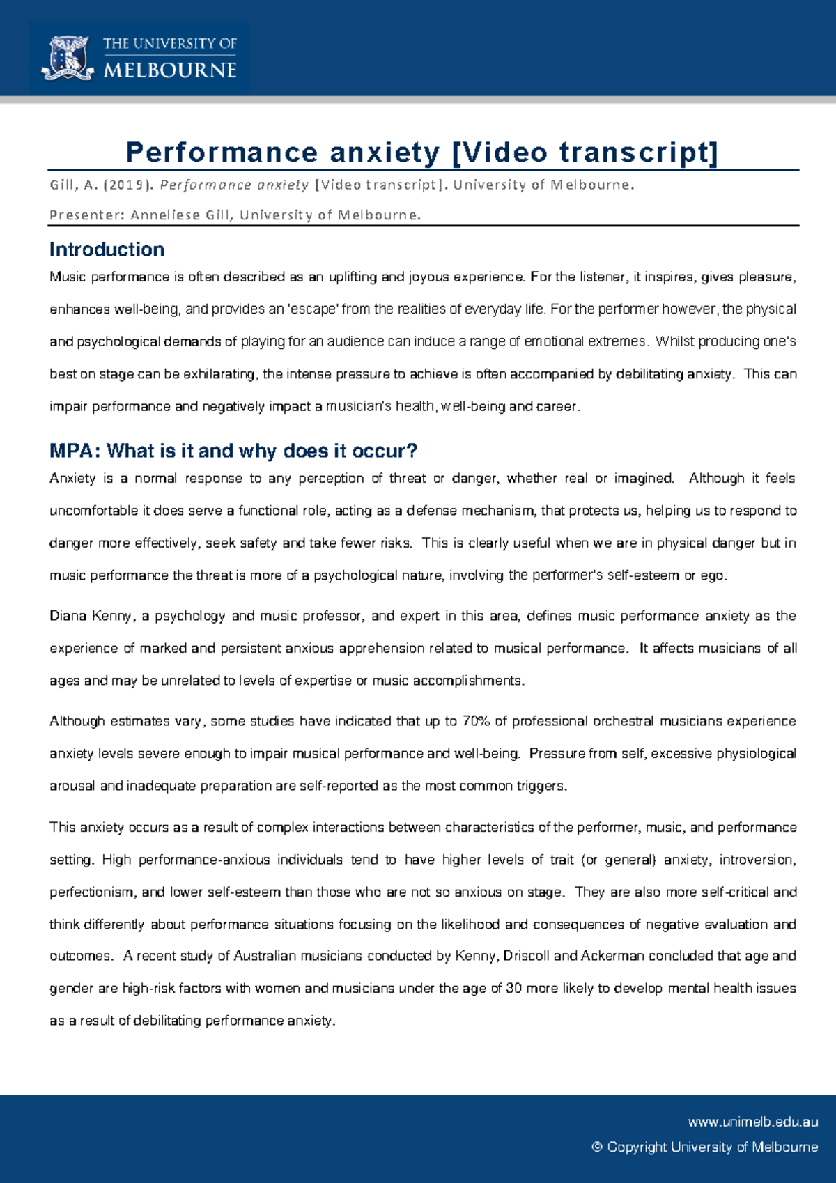 MUSI2014 9 Performance anxiety - Video transcript - unimelb.edu ...