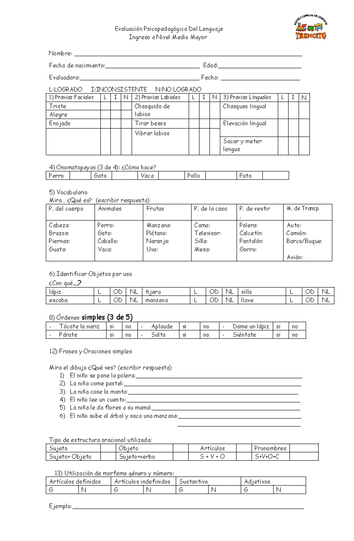 Eval.Psicop.Ingreso leng. medio mayor 2019 - Evaluación Psicopedagógica Del Lenguaje Ingreso a ...