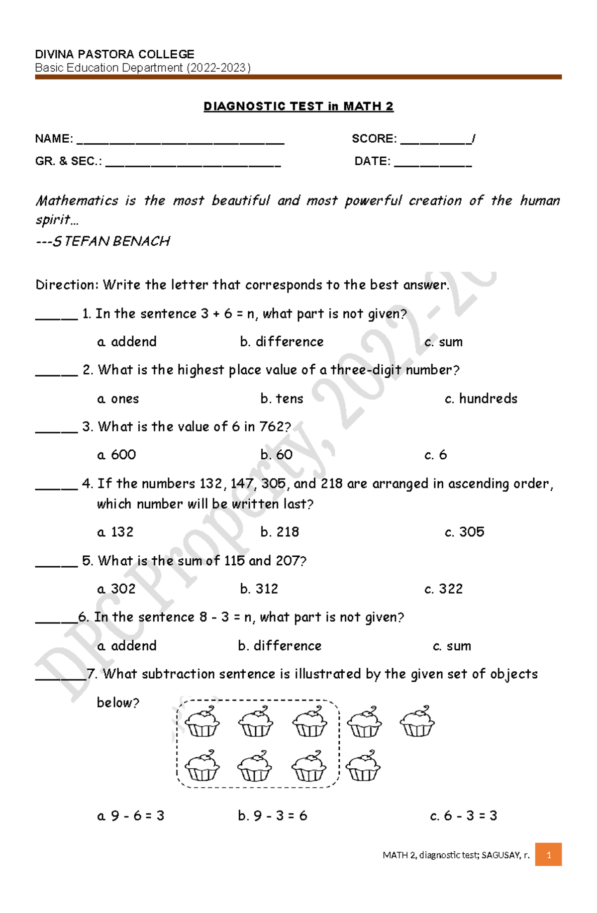 Diagnostic TEST MATH 2 - DIVINA PASTORA COLLEGE Basic Education ...