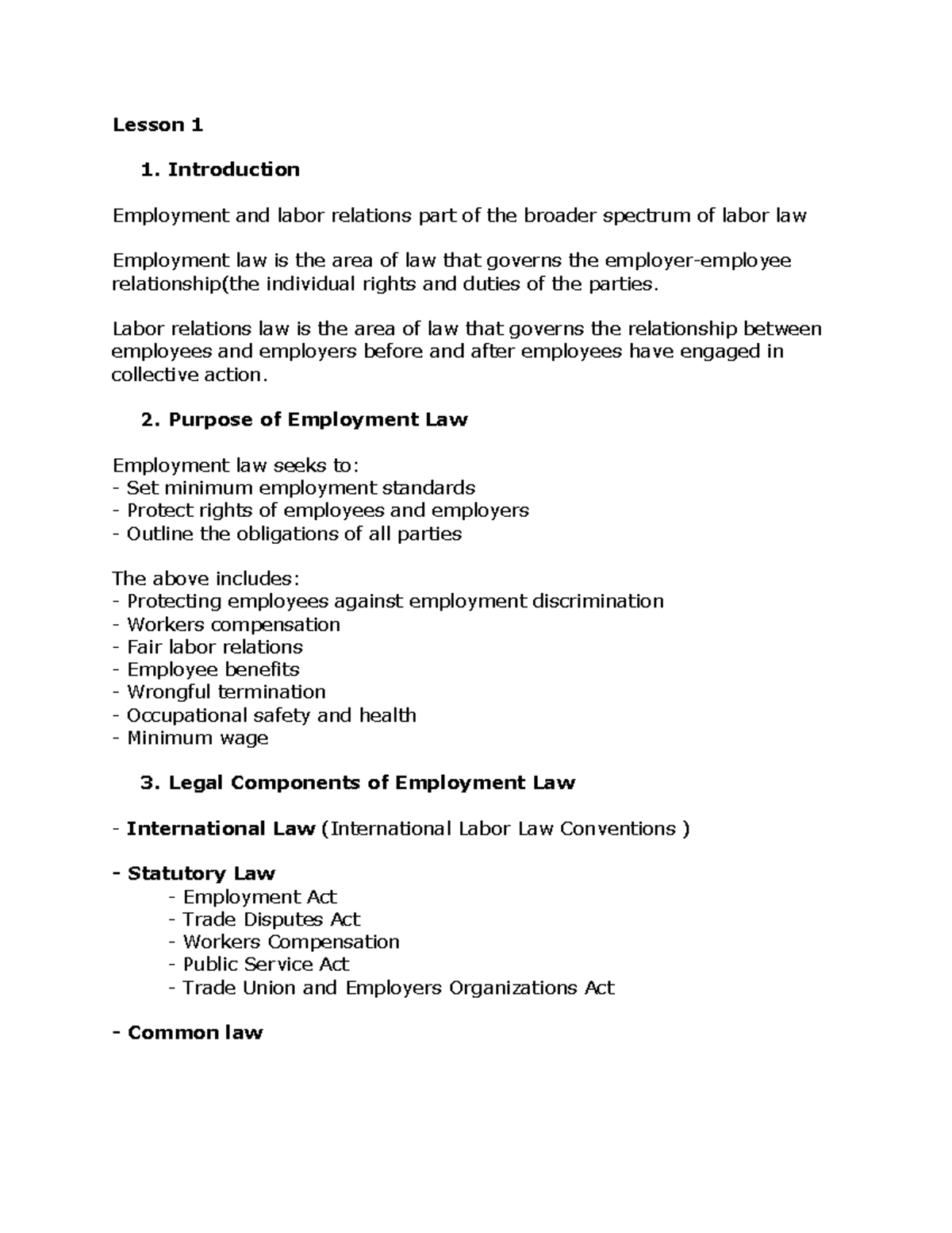Emp Law Lesson 1 - Notes - Lesson 1 1. Introduction Employment and ...