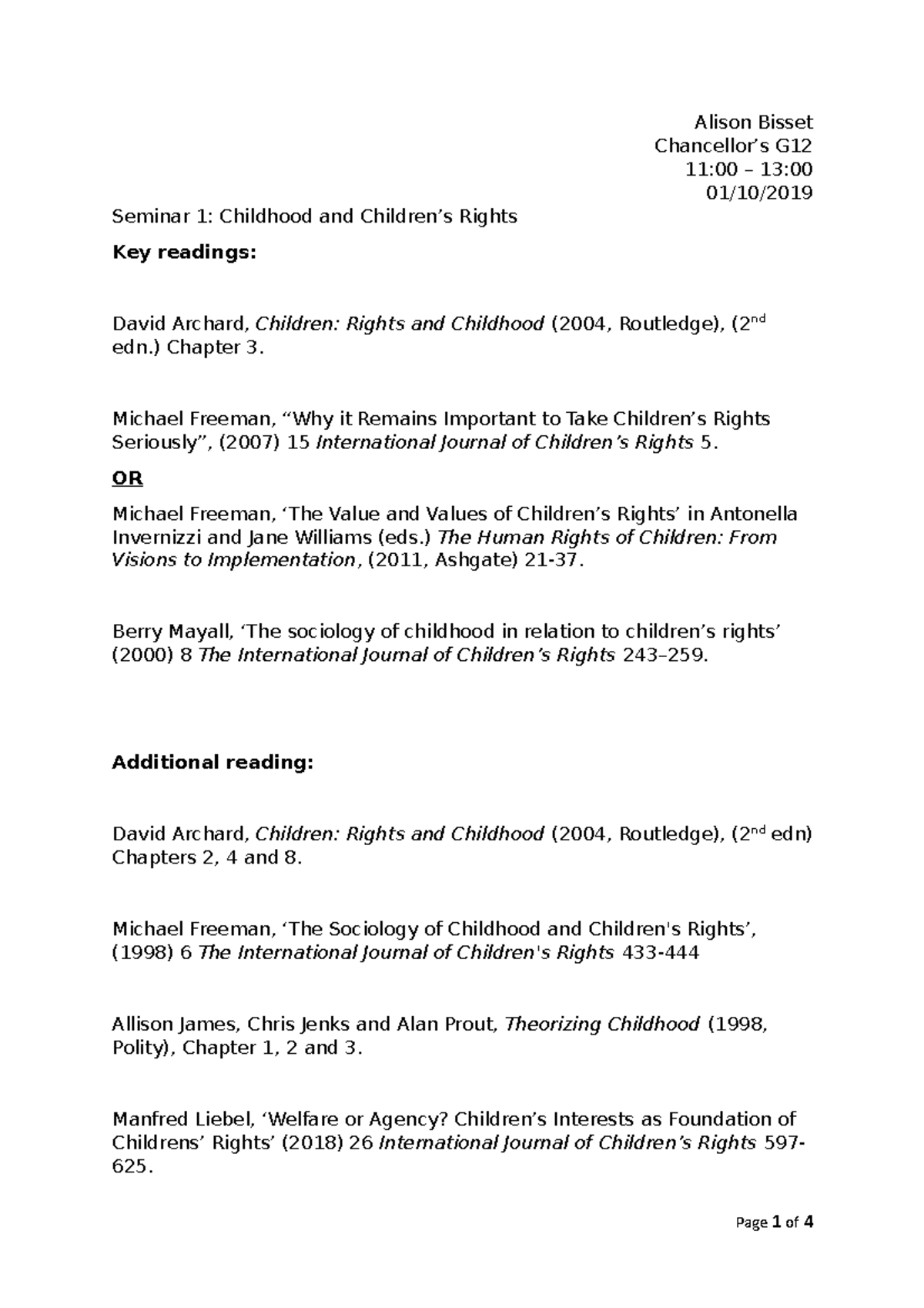 Seminar 1 Childhood and Children's Rights - Alison Bisset Chancellor’s ...