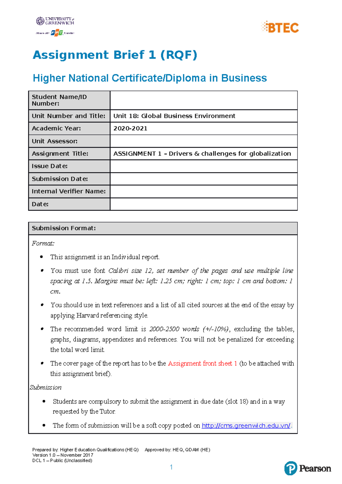 530 Assignment 1 brief - Assignment Brief 1 (RQF) Higher National Certificate/Diploma in ...