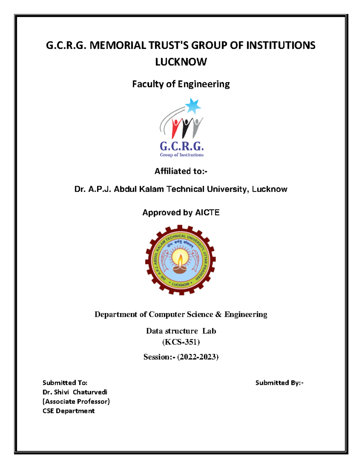 File front page Lab manual 2 - B.tech - G.C.R. MEMORIAL TRUST'S GROUP OF INSTITUTIONS LUCKNOW ...