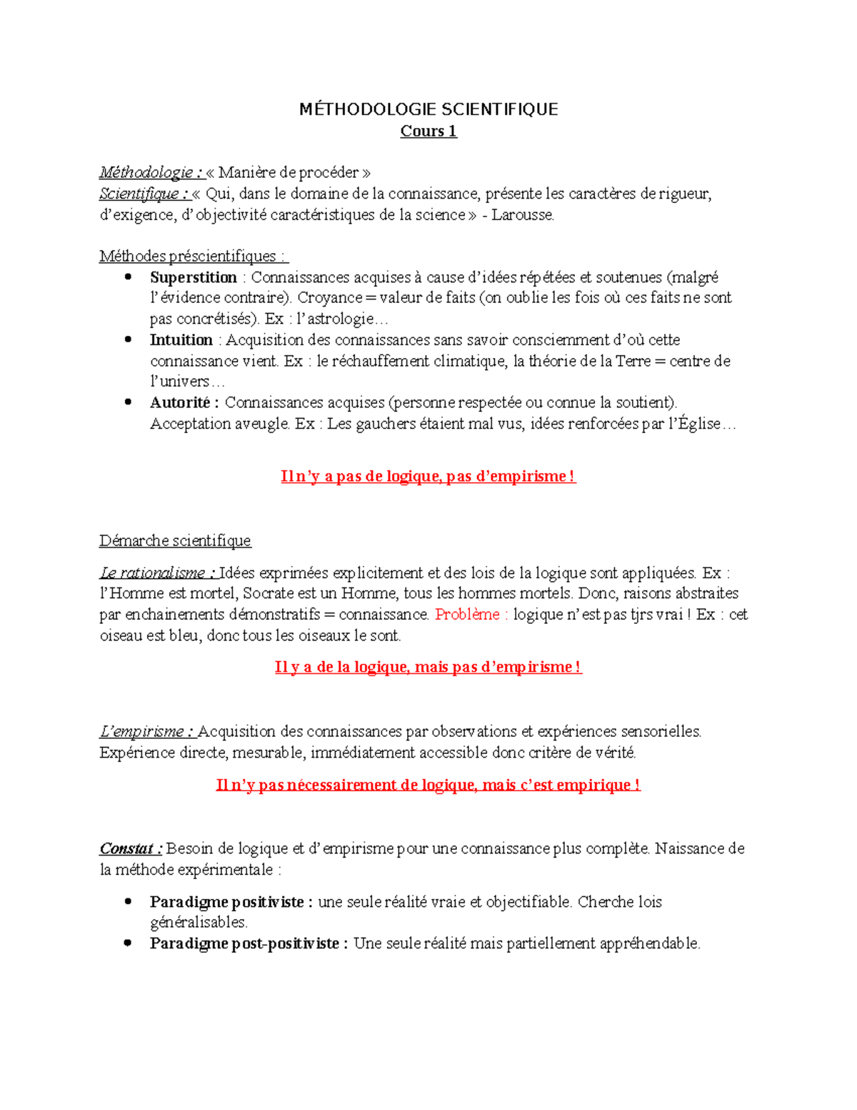 Méthodologie Scientifique - MÉTHODOLOGIE SCIENTIFIQUE Cours 1 ...