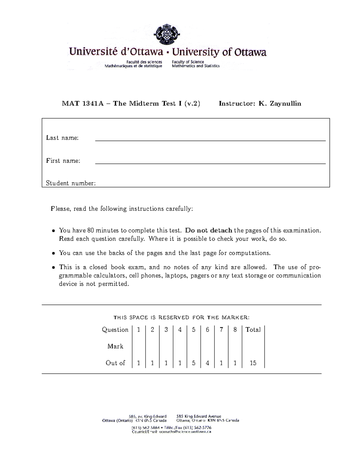 Intro to Lin Algebra Midterm 2 Practice Exam for University of Ottawa ...