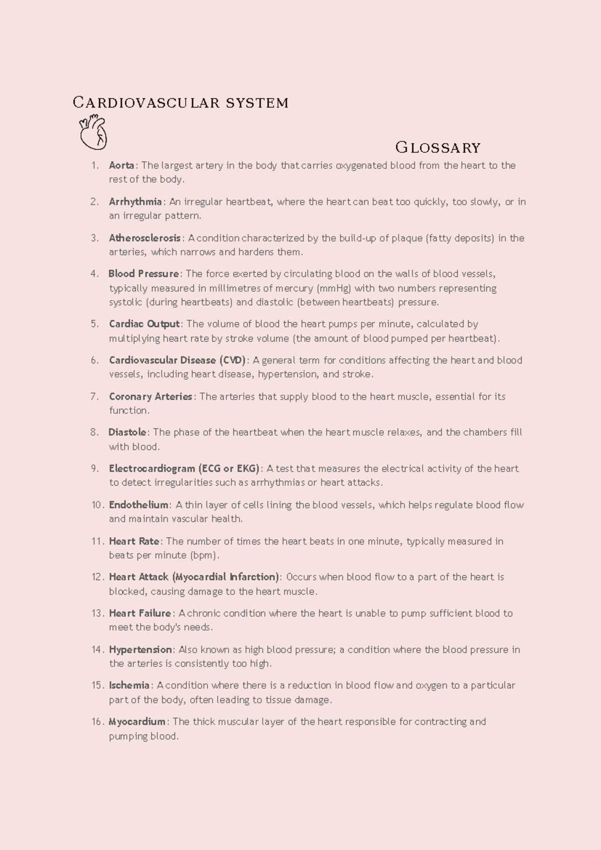 Cardiovascular system glossary - CARDIOVASCULAR SYSTEM G LOSSARY Aorta: The largest artery in ...