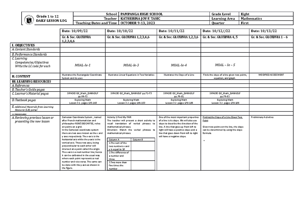DLL-Q1-W6 - DLL for 1st QT - Grade 1 to 12 DAILY LESSON LOG School PAMPANGA HIGH SCHOOL Grade ...