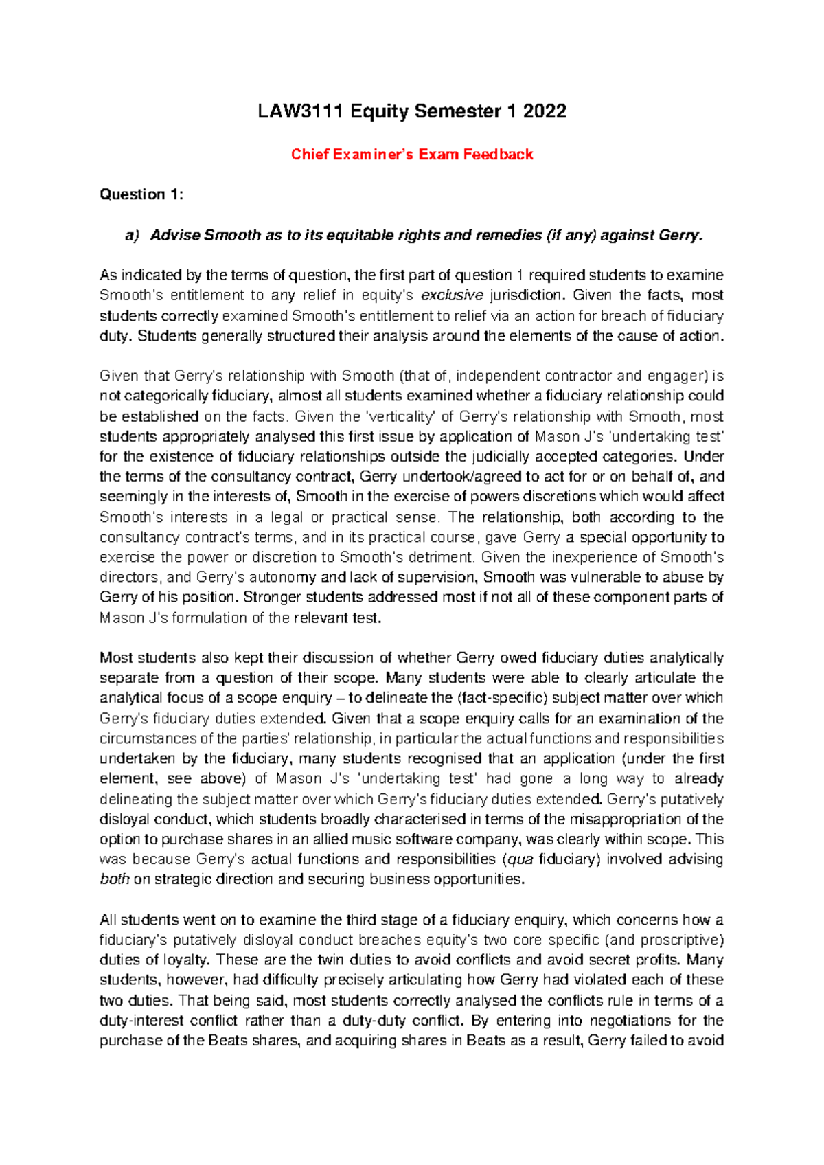 2022 S1 Equity exam feedback - LAW3111 Equity Semester 1 2022 Chief ...