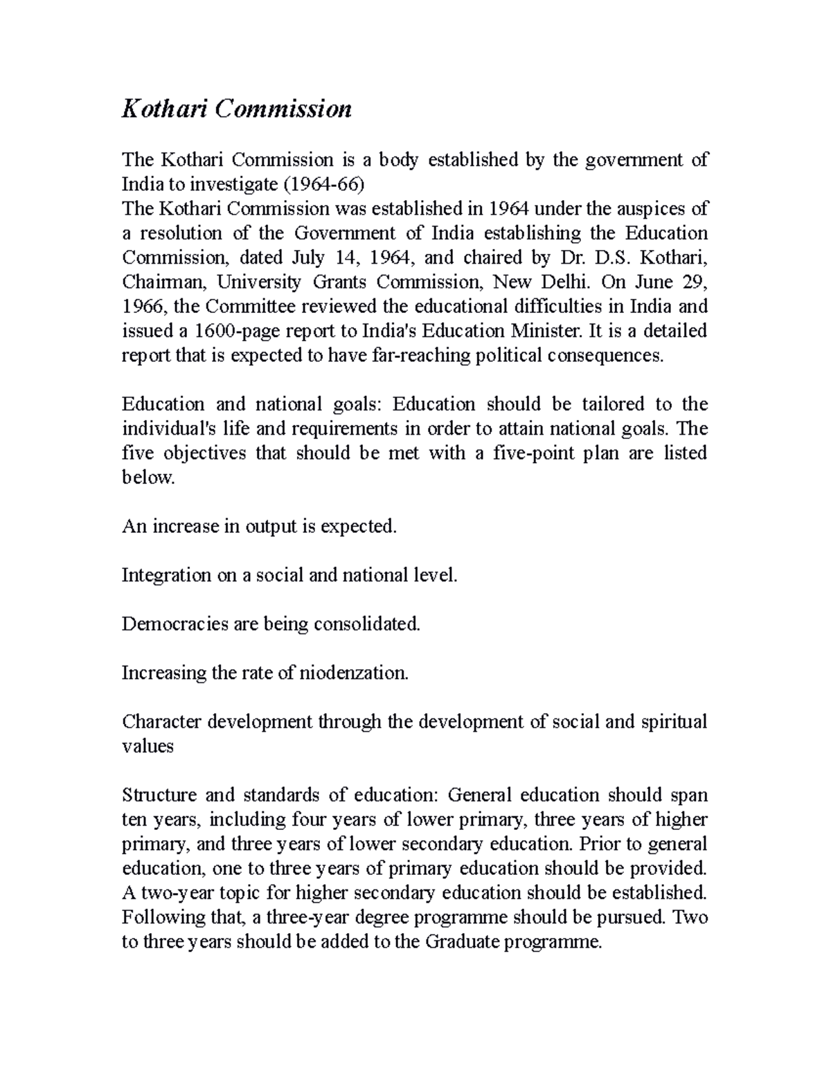Kothari Commission - Lecture notes 4 - Kothari Commission The Kothari ...