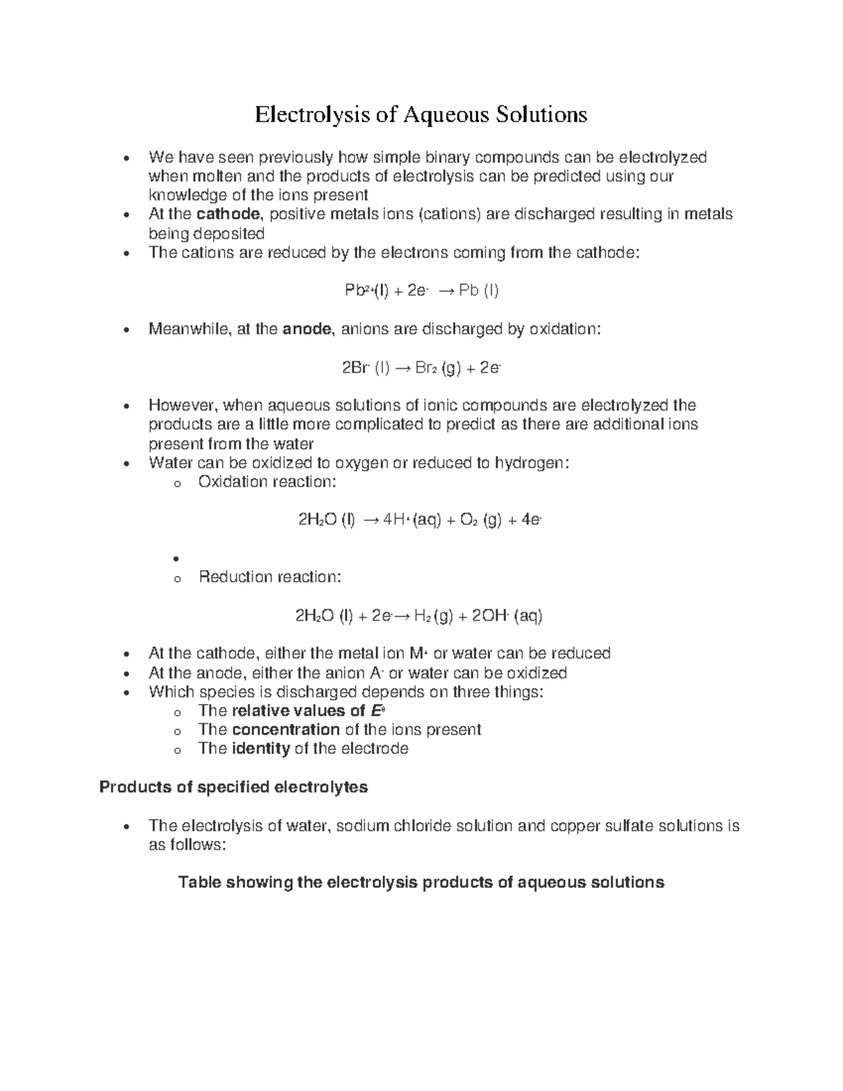 Electrolysis of Aqueous Solutions - Studocu