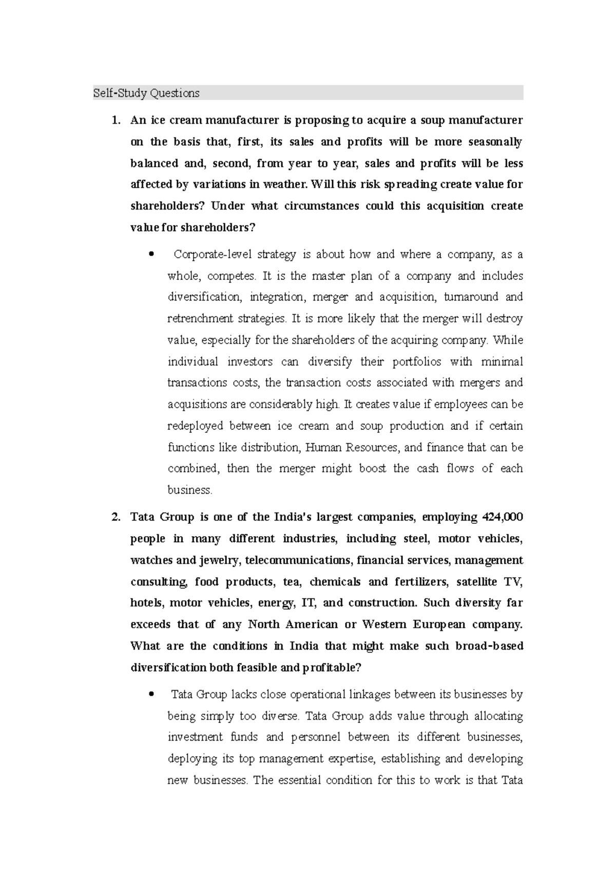 Common Ownership - Self‐Study Questions 1. An ice cream manufacturer is ...