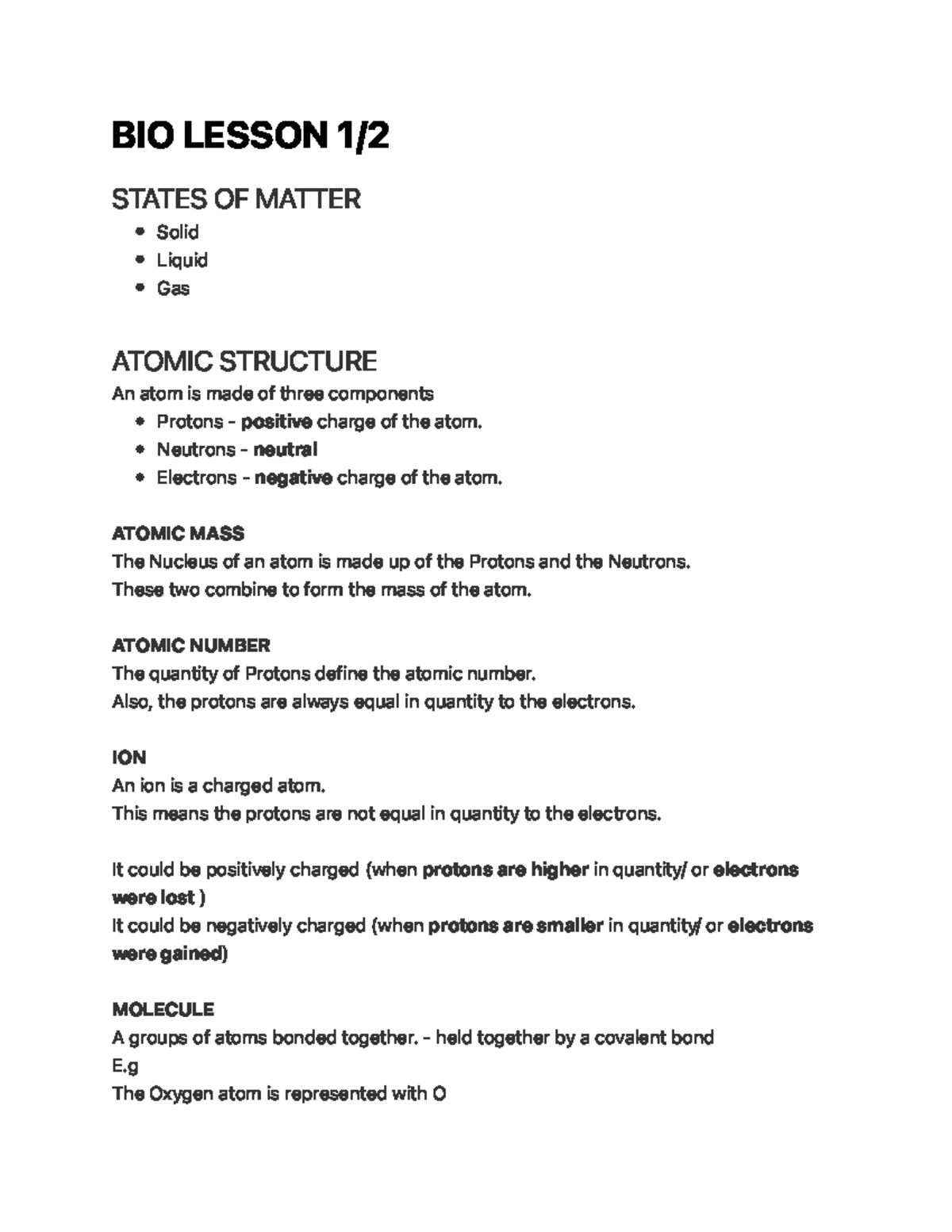 Lesson 1 - The Study of Life - BIO LESSON 1/ STATES OF MATTER ATOMIC ...