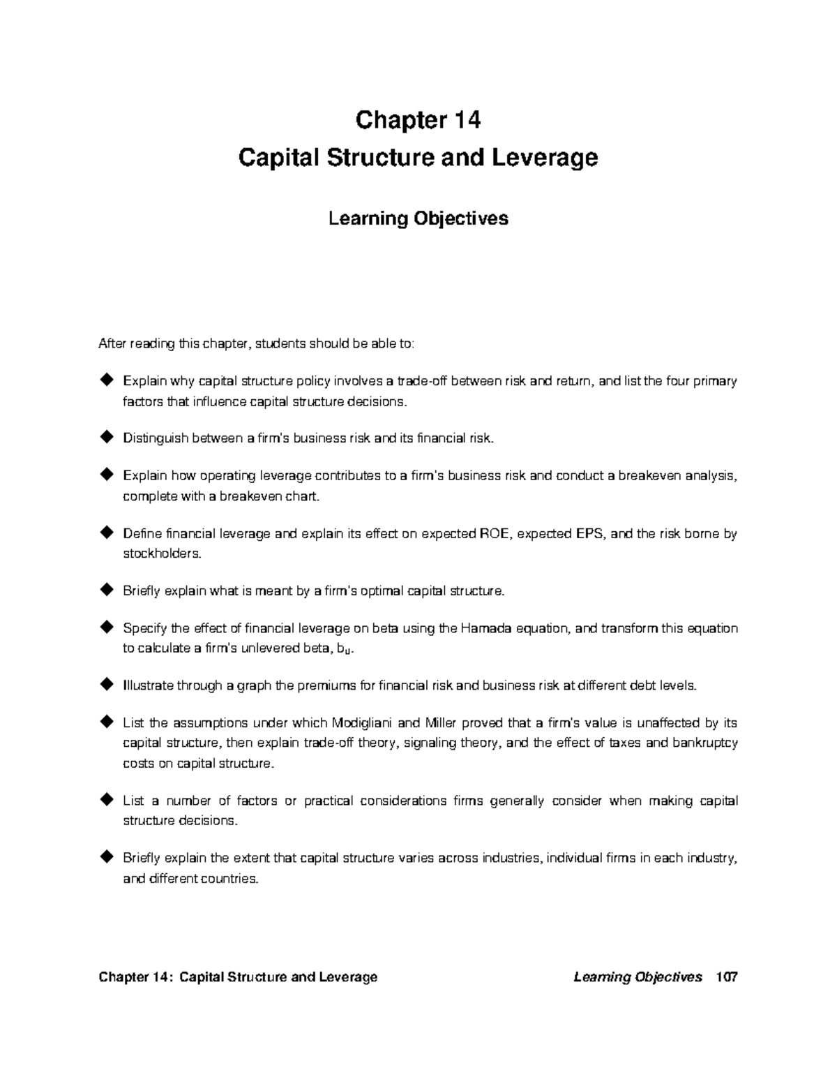 FM CH 15 Solman - Chapter 14 Capital Structure and Leverage Learning Objectives After reading ...