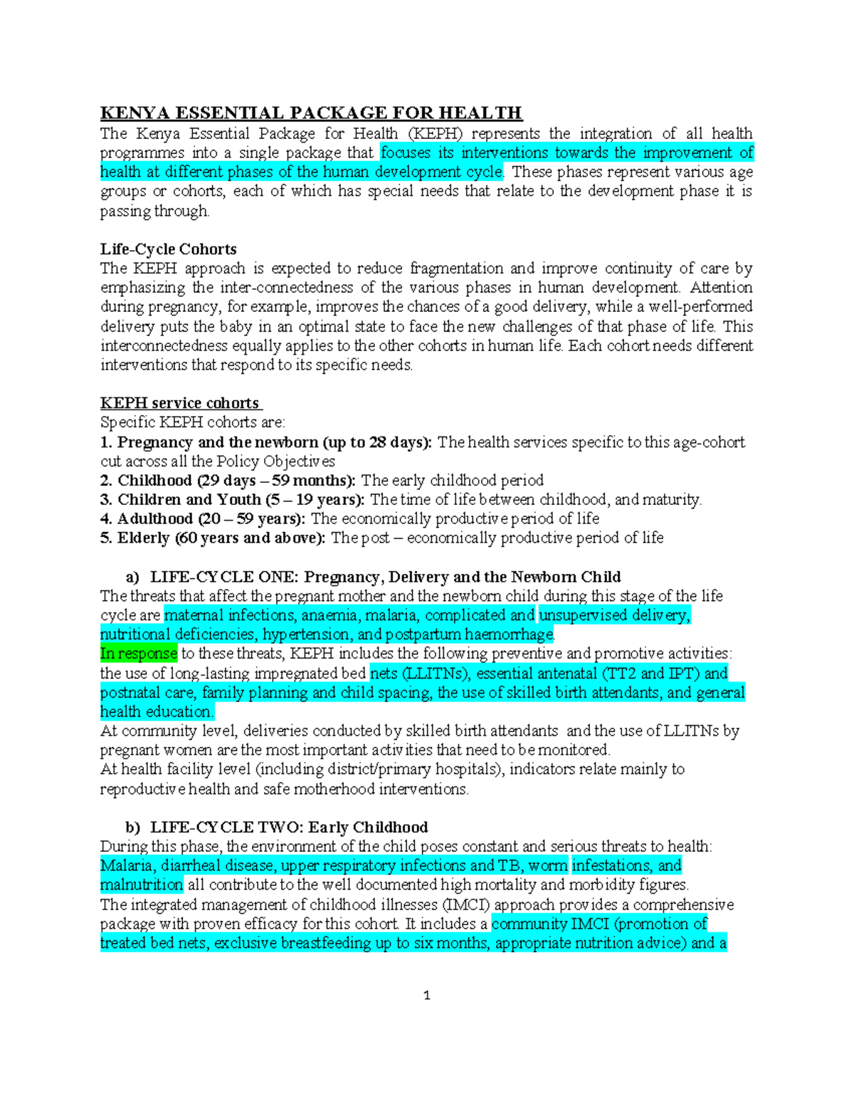 Kenya Essential Package FOR Health - These phases represent various age ...