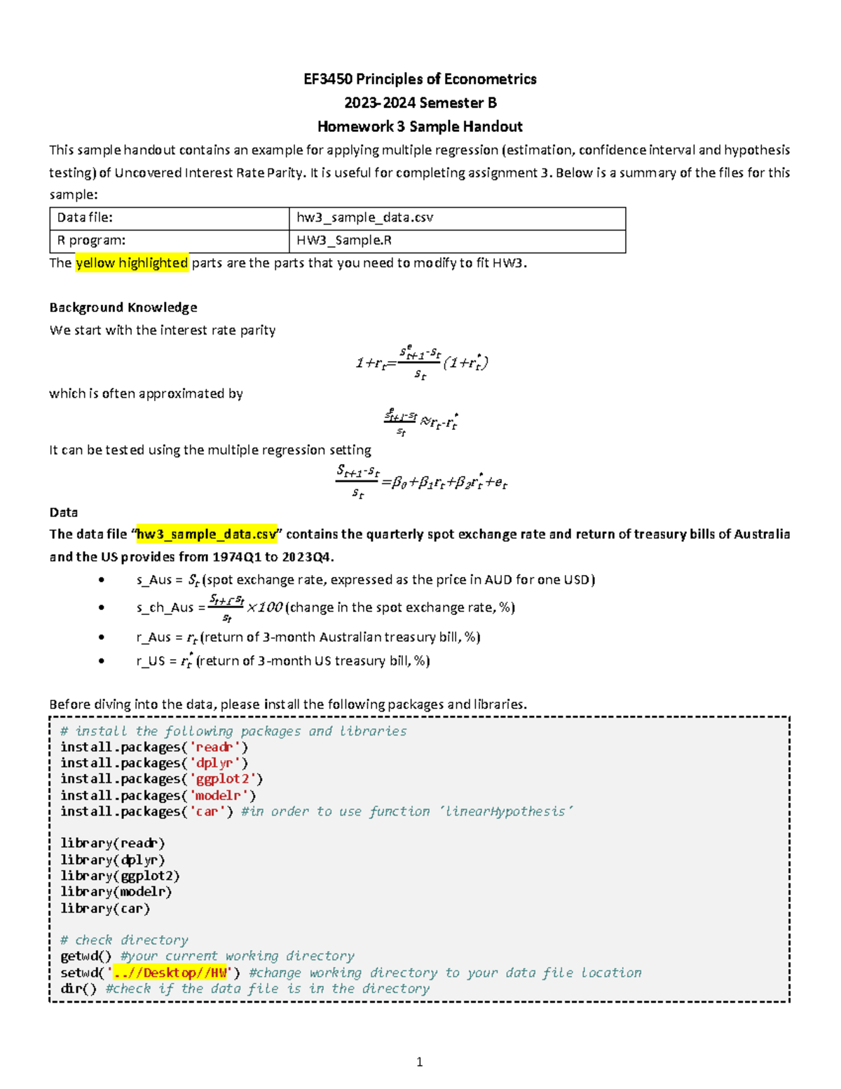 HW3 Sample Handout 20240318 a Corr - EF3450 Principles of Econometrics 2023-2024 Semester B ...