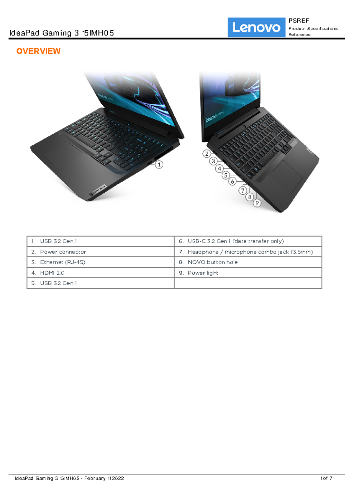 Idea Pad Gaming 3 15IMH05 Spec - OVERVIEW 1. USB 3 Gen 1 6. USB-C 3 Gen ...