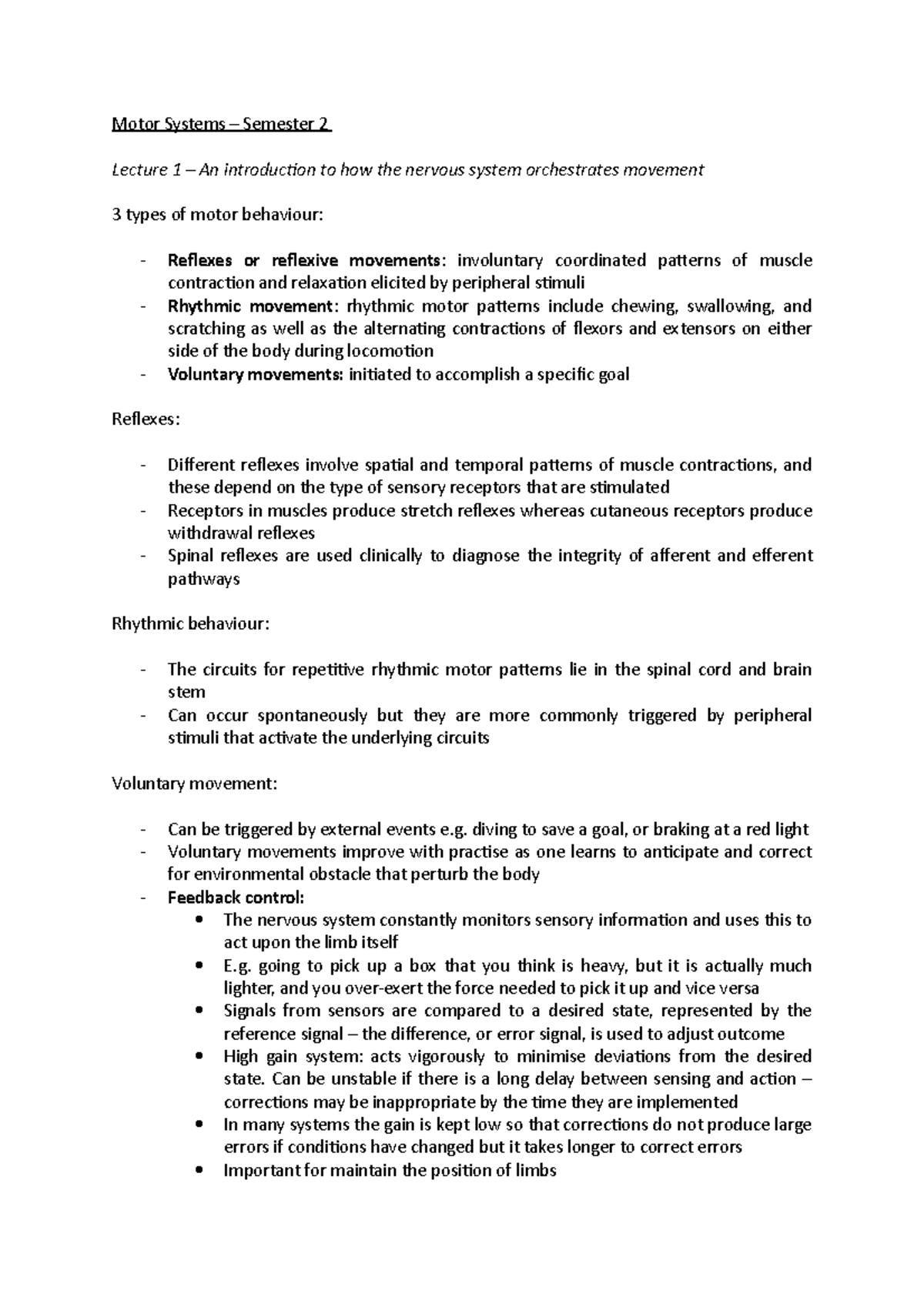 Motor Systems Lecture Notes L1 22 Motor Systems Semester 2 Lecture 1 An Introduction To