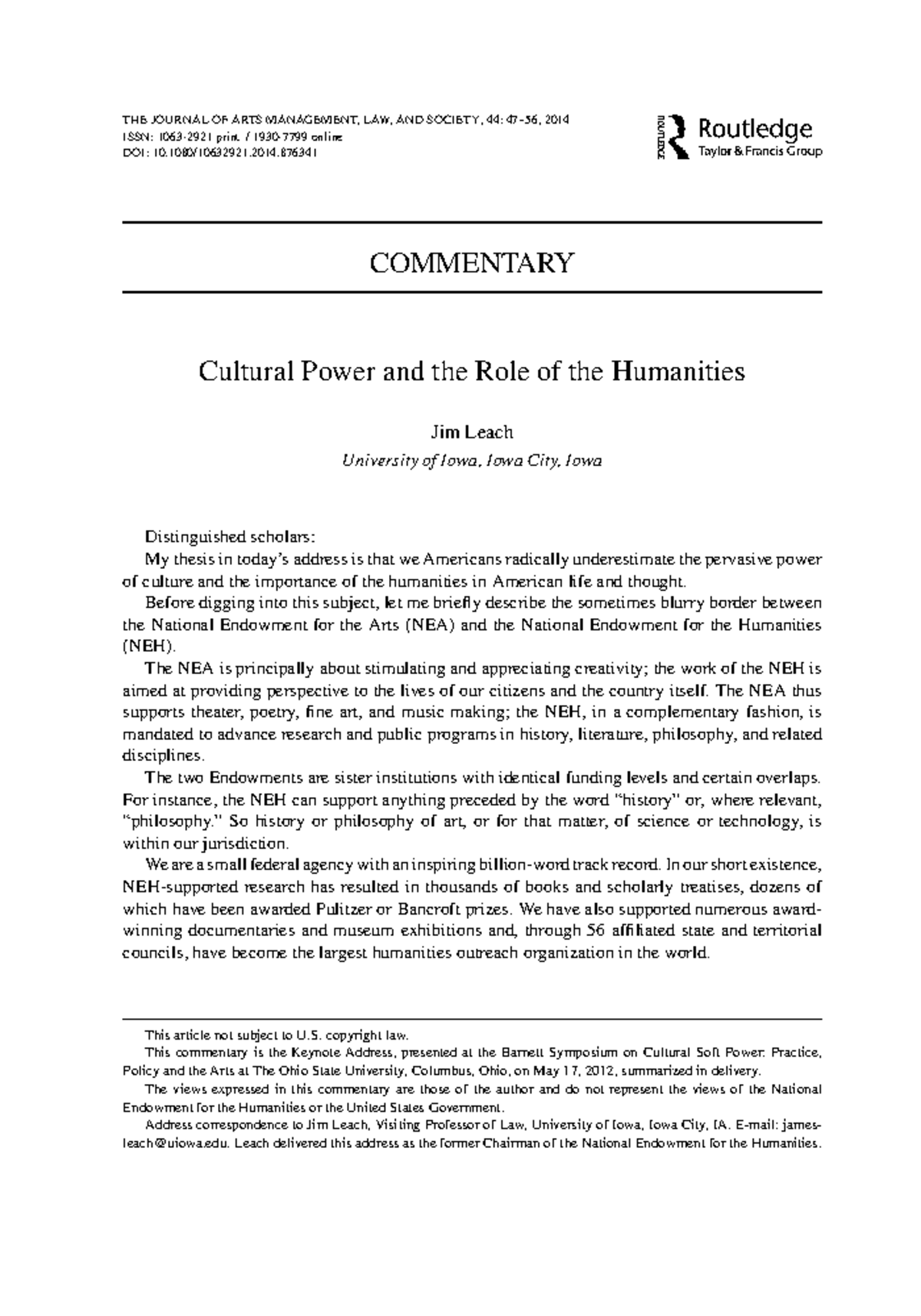 Cultural Power and the Role of the Humanities - THE JOURNAL OF ARTS ...