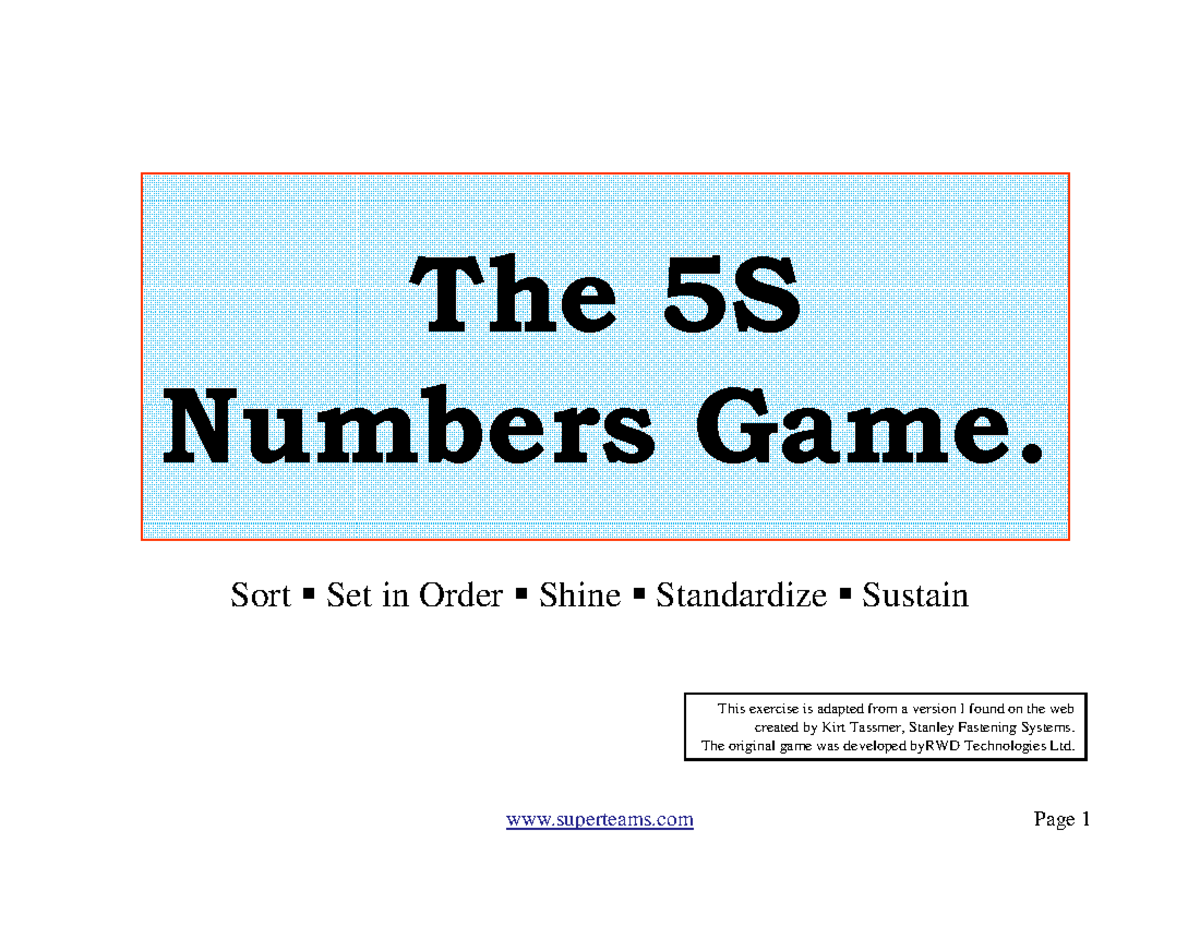 5SGame Handout - The 5SThe 5S N b G N umbers Game. Sort Set in Order ...
