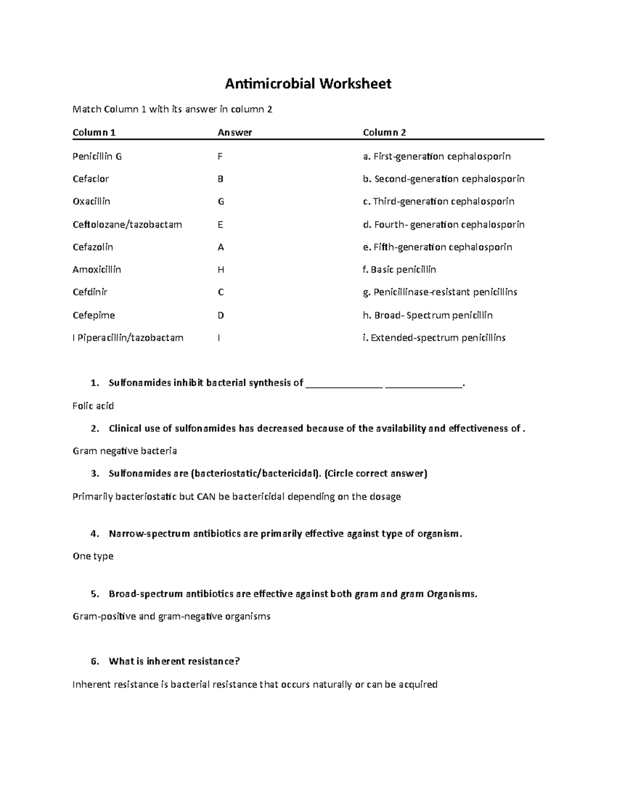 Antimicrobial Worksheet - Antimicrobial Worksheet Match Column 1 with ...