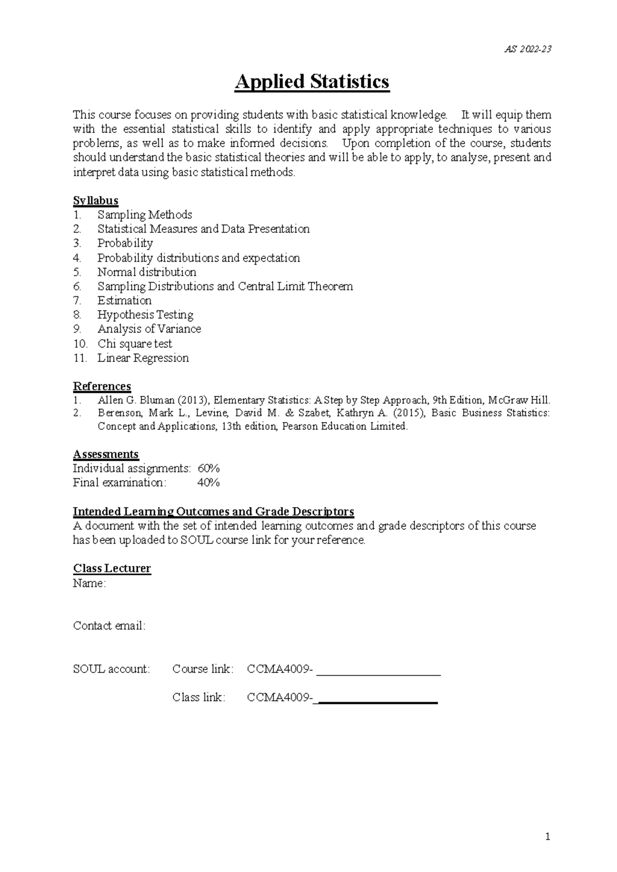 AS Lecture Note 22-23 - Stat LN - AS 2022 - 23 Applied Statistics This ...