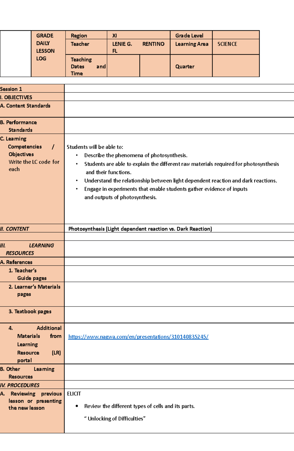 LP Photosynthesis - nawscv - GRADE DAILY LESSON LOG Region XI Grade ...