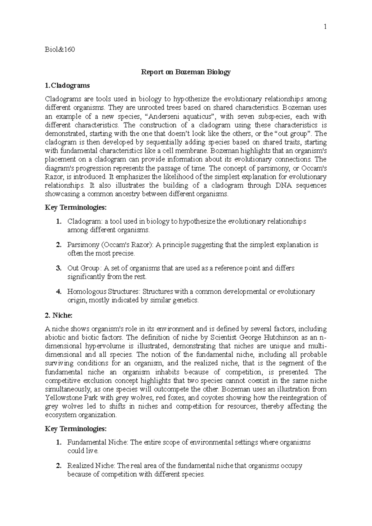 Report Bozeman - 1 Biol& Report on Bozeman Biology 1 Cladograms are ...