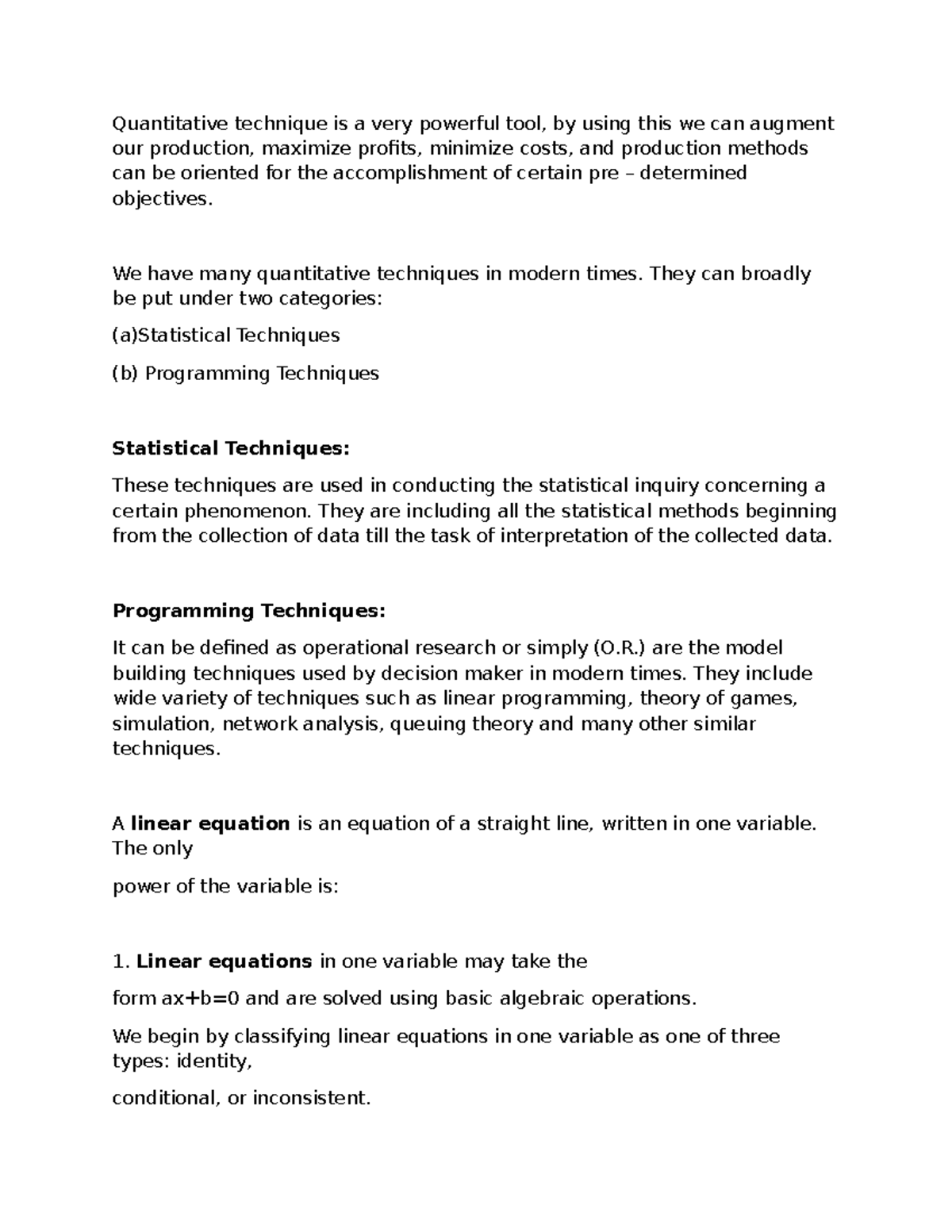 Management Science Handout - Quantitative technique is a very powerful ...