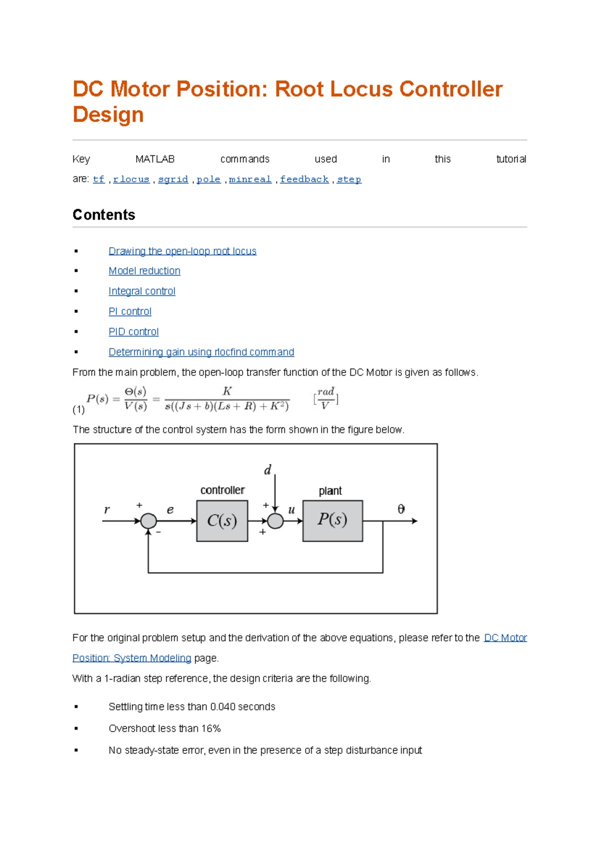 Root locus controller design a DC Motor Position example - DC Motor ...