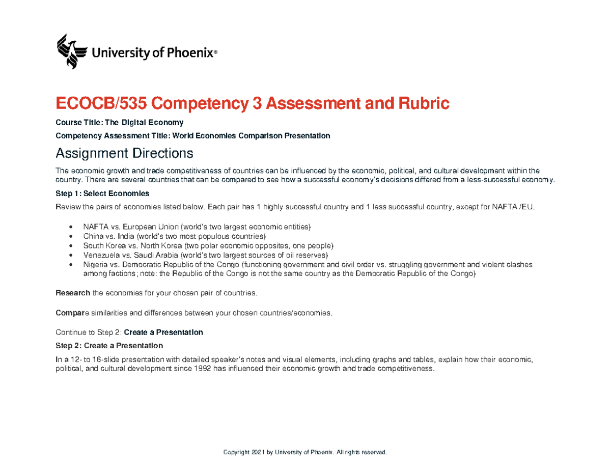 Competency 3 Assessment Rubric - ECOCB/535 Competency 3 Assessment and Rubric Course Title: The ...