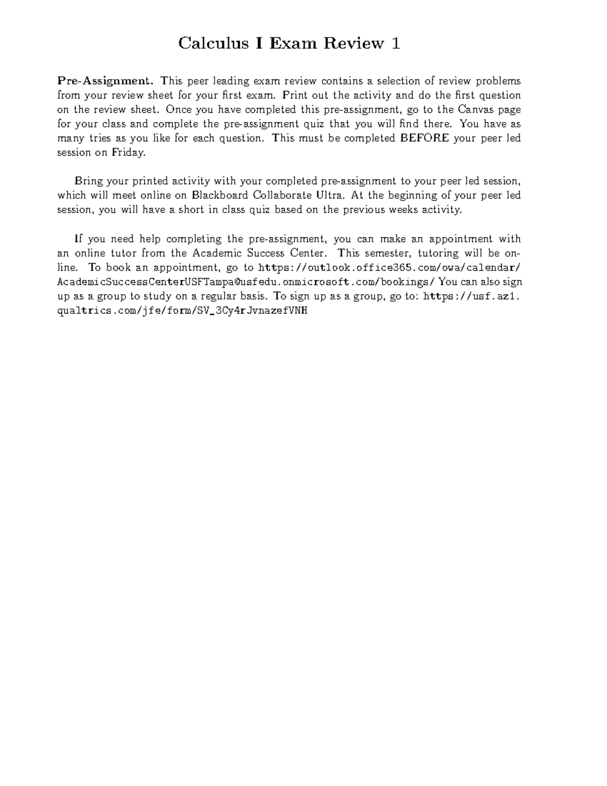 Exam 1 Review-1 - review - Calculus I Exam Review 1 Pre-Assignment ...