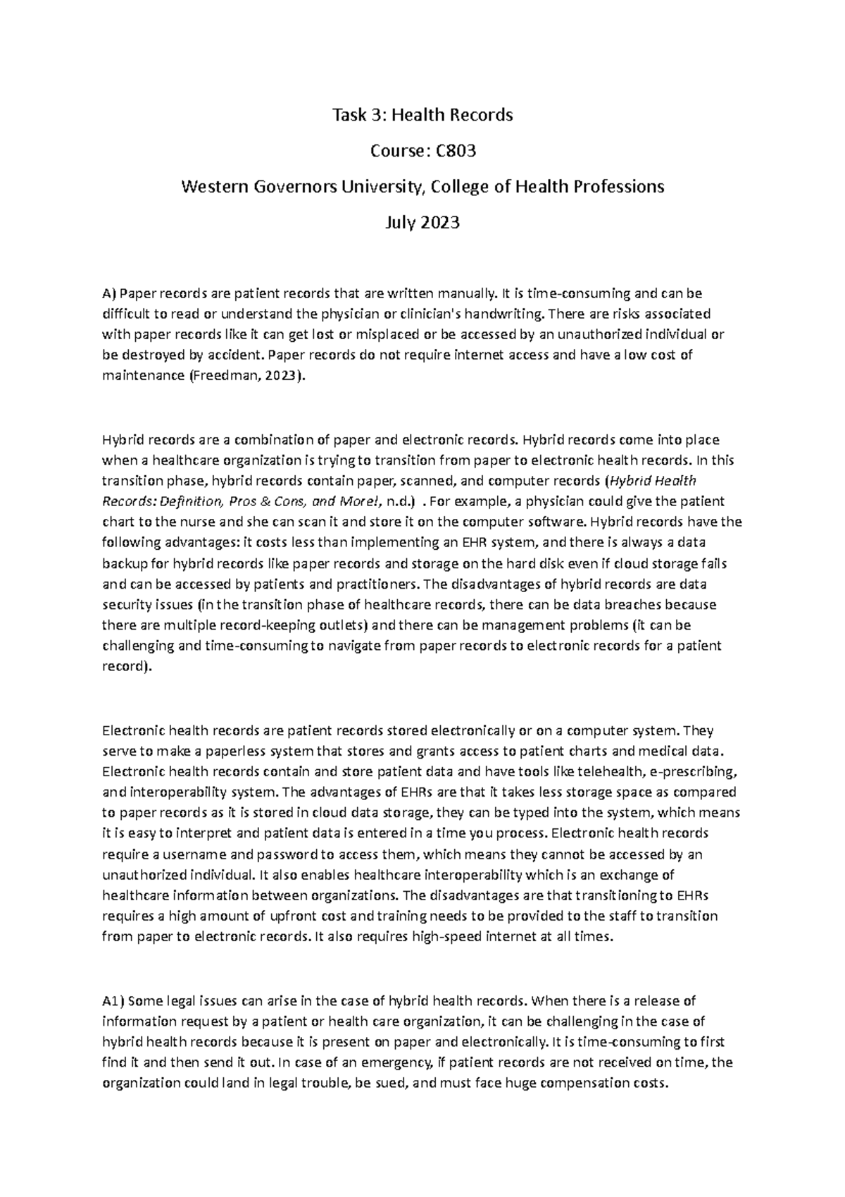 Task 3 C803 - Passed assignment - Task 3: Health Records Course: C ...