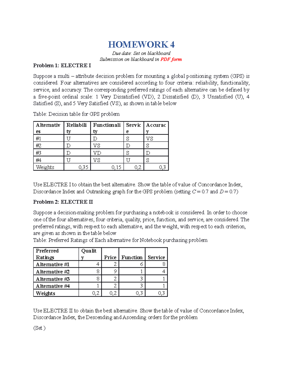 5 HW4 Electre - Homework4 - HOMEWORK 4 Due date: Set on blackboard Submission on blackboard in ...