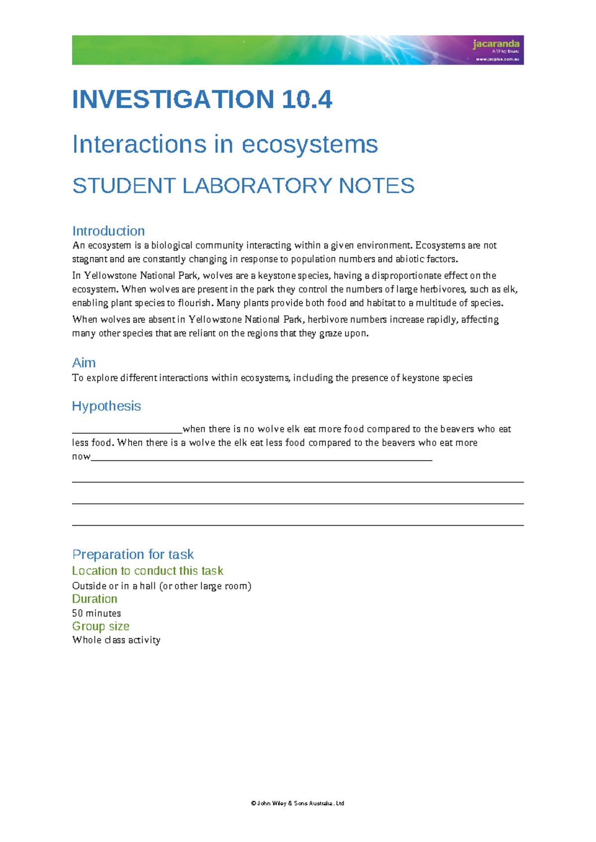Prac bio - here - INVESTIGATION 10. Interactions in ecosystems STUDENT ...