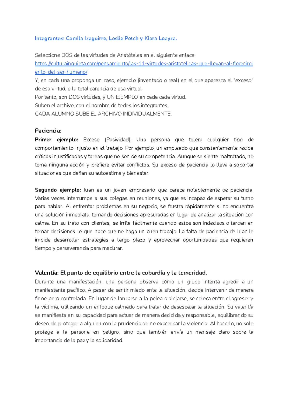 Virtudes de Aristóteles - Integrantes: Camila Izaguirre, Leslie Petch y ...