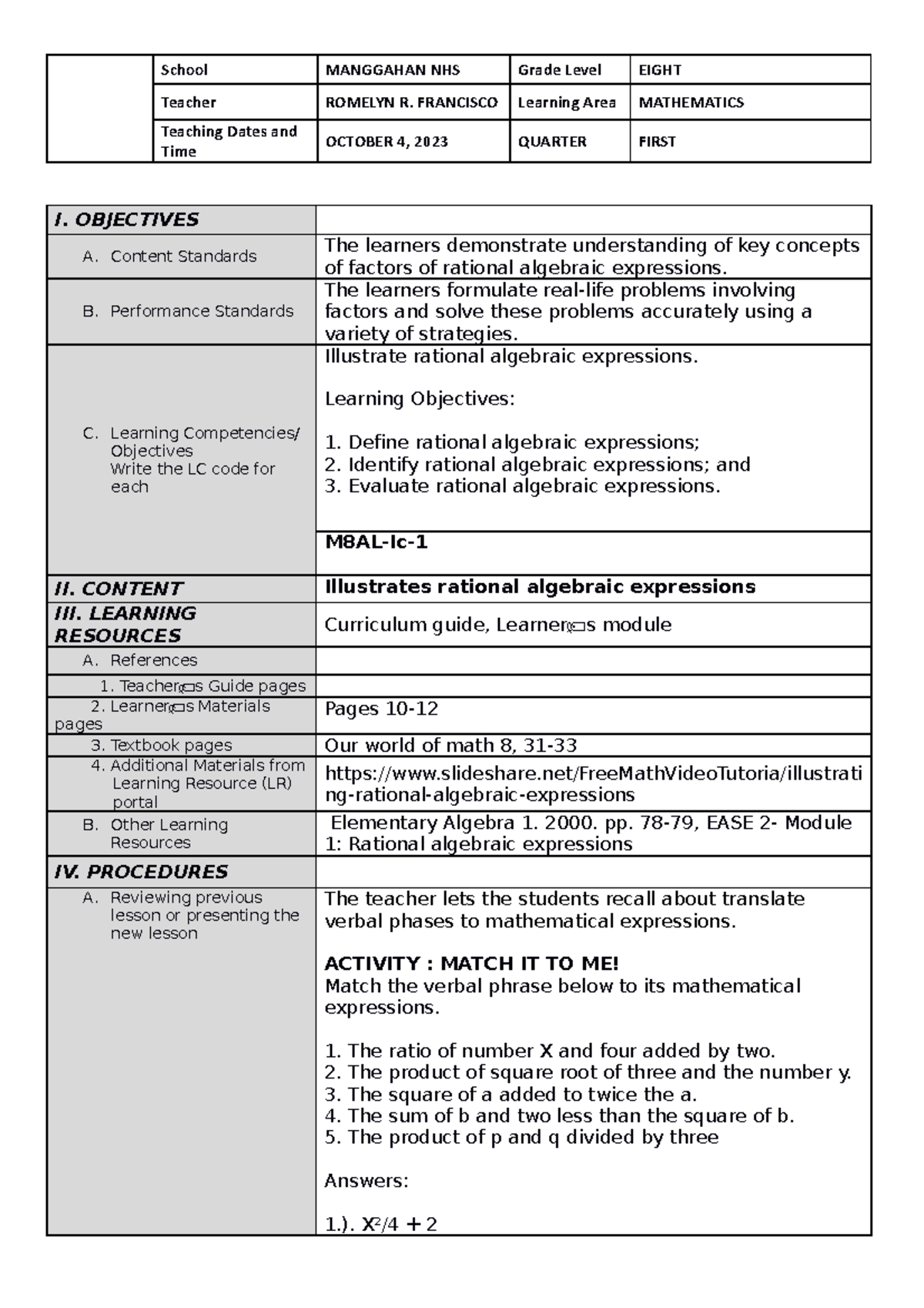 DLP IN MATH 8 - Teacher ROMELYN R. FRANCISCO Learning Area MATHEMATICS ...