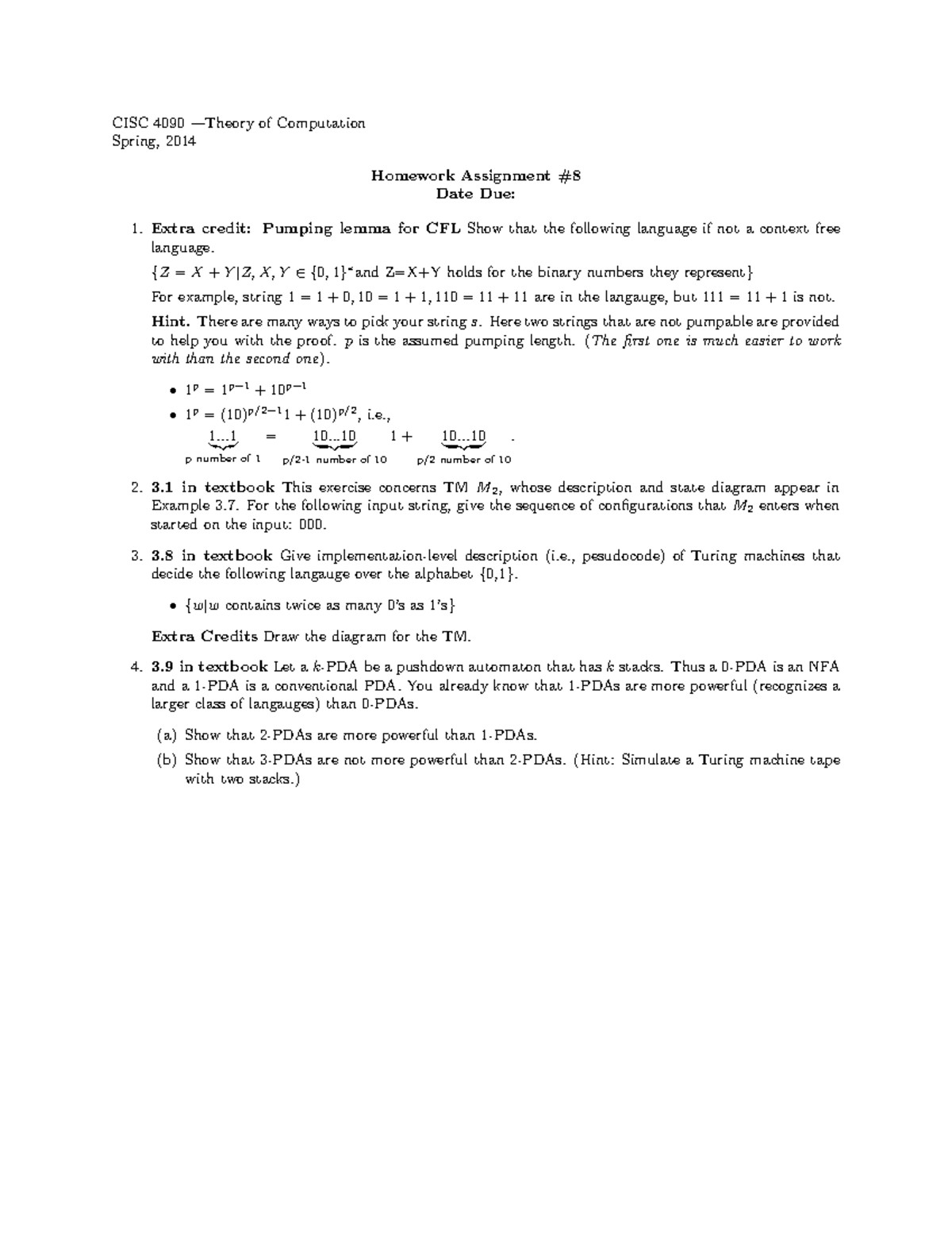 Hw8 Q Homework Assignment 8 Cisc 4090 —theory Of Computation Spring