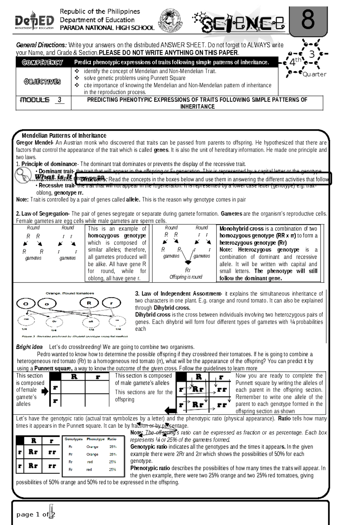 S8-Q4 Modified Module 3 new - 8 Predict phenotypic expressions of traits following simple ...