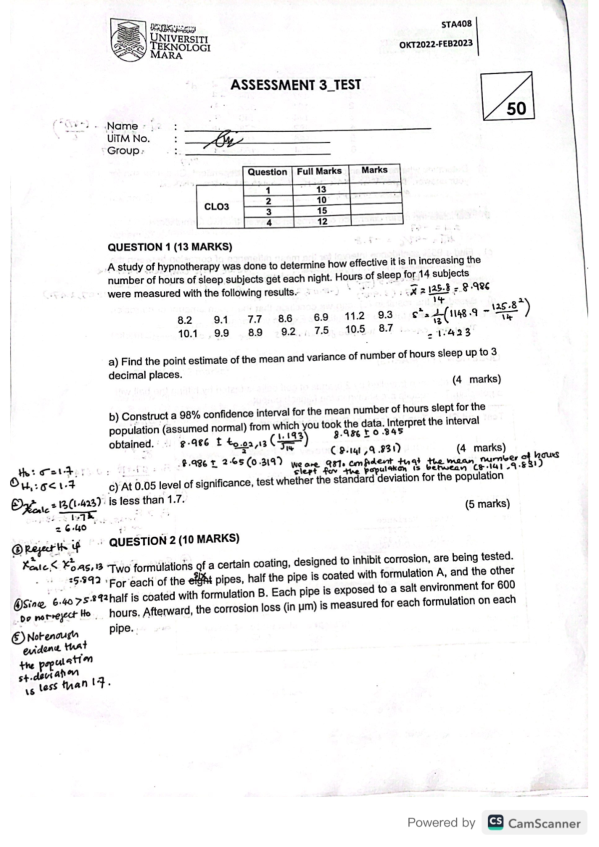 Assesment 3 ANS - ESTIMATION AND ANOVA - Statistics For Science And Engineering - Studocu