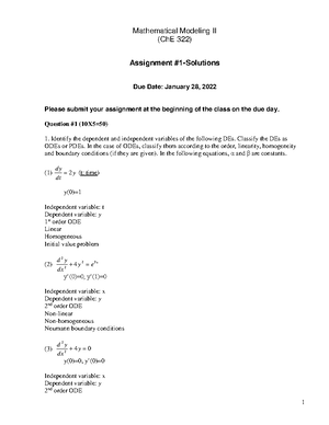Assignment 2-2022 - Mathematical Modeling II (CHE 322 ) Assignment 2 ...