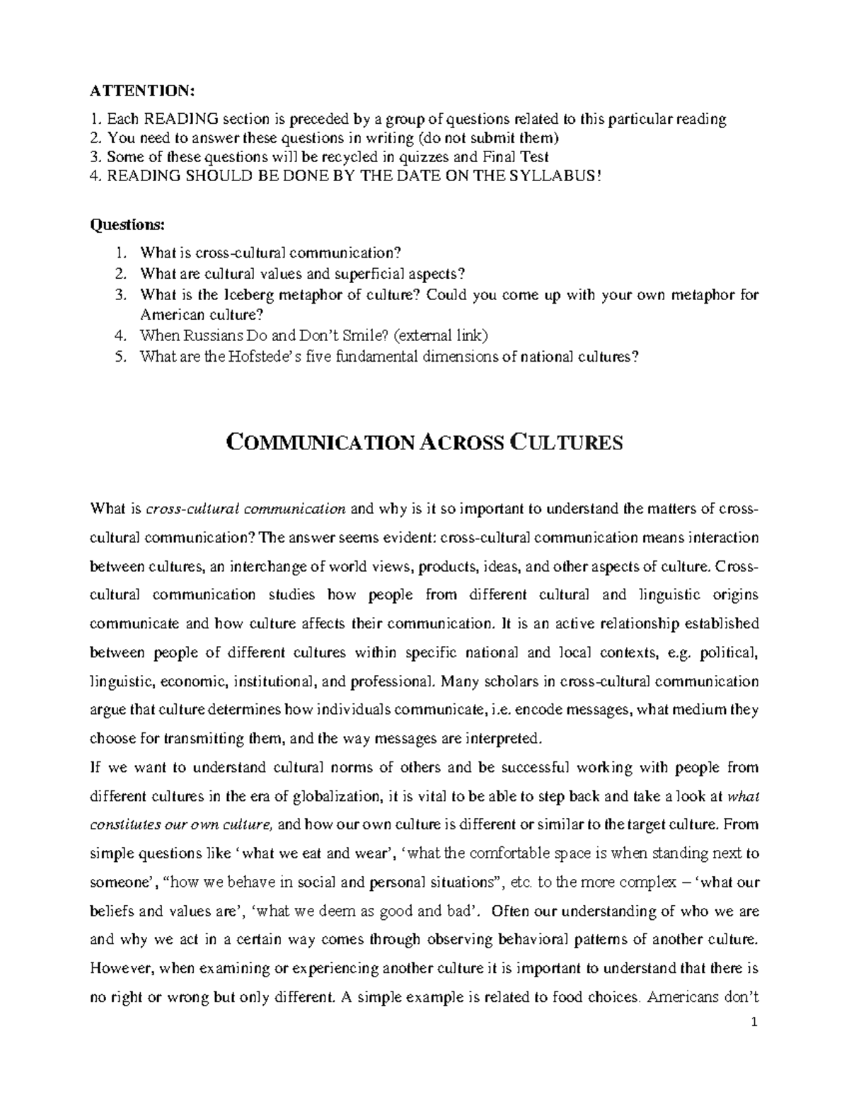 Lecture 2 Culture and Character - ATTENTION: 1. Each READING section is ...