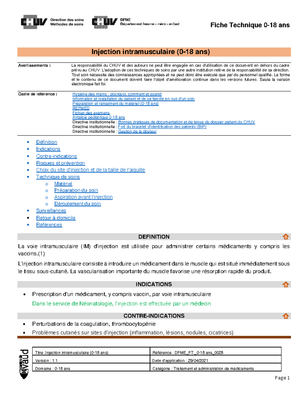 DFME Injection intramusculaire DFME - Titre :Injection intramusculaire (0-18 ans) Référence ...