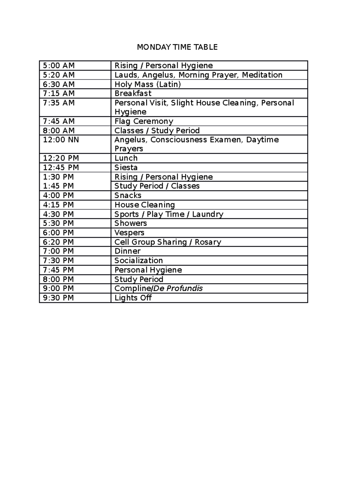 Daily TIME Table 2 - wala lang ma upload - MONDAY TIME TABLE 5:00 AM ...