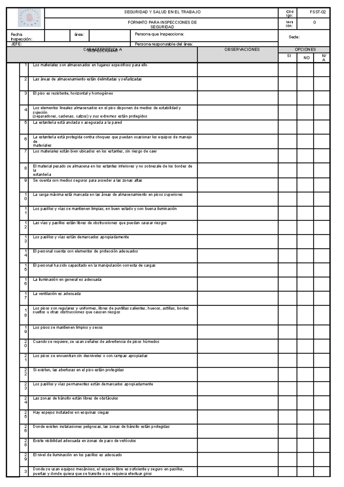 Formato de Inspecciones - SEGURIDAD Y SALUD EN EL TRABAJO Cód igo: FSST- FORMATO PARA ...