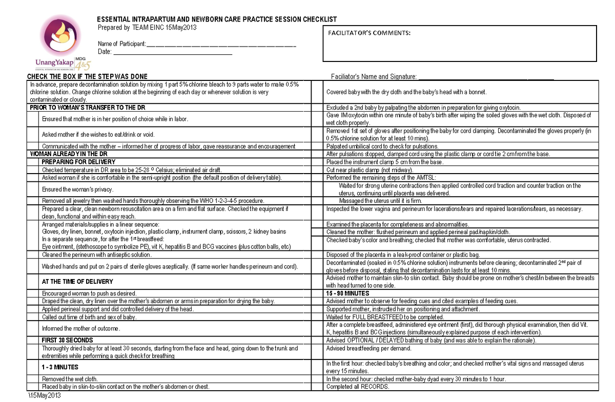 Performance Checklist EINC ESSENTIAL INTRAPARTUM AND NEWBORN CARE