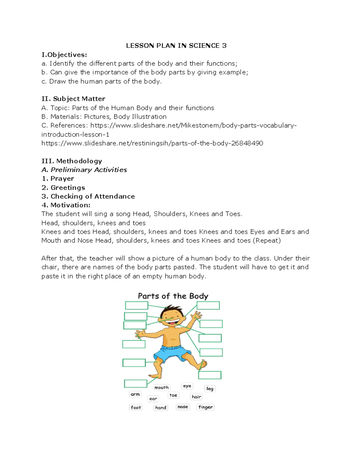  Lesson PLAN Parts Of The Human Body And Their Functions LESSON