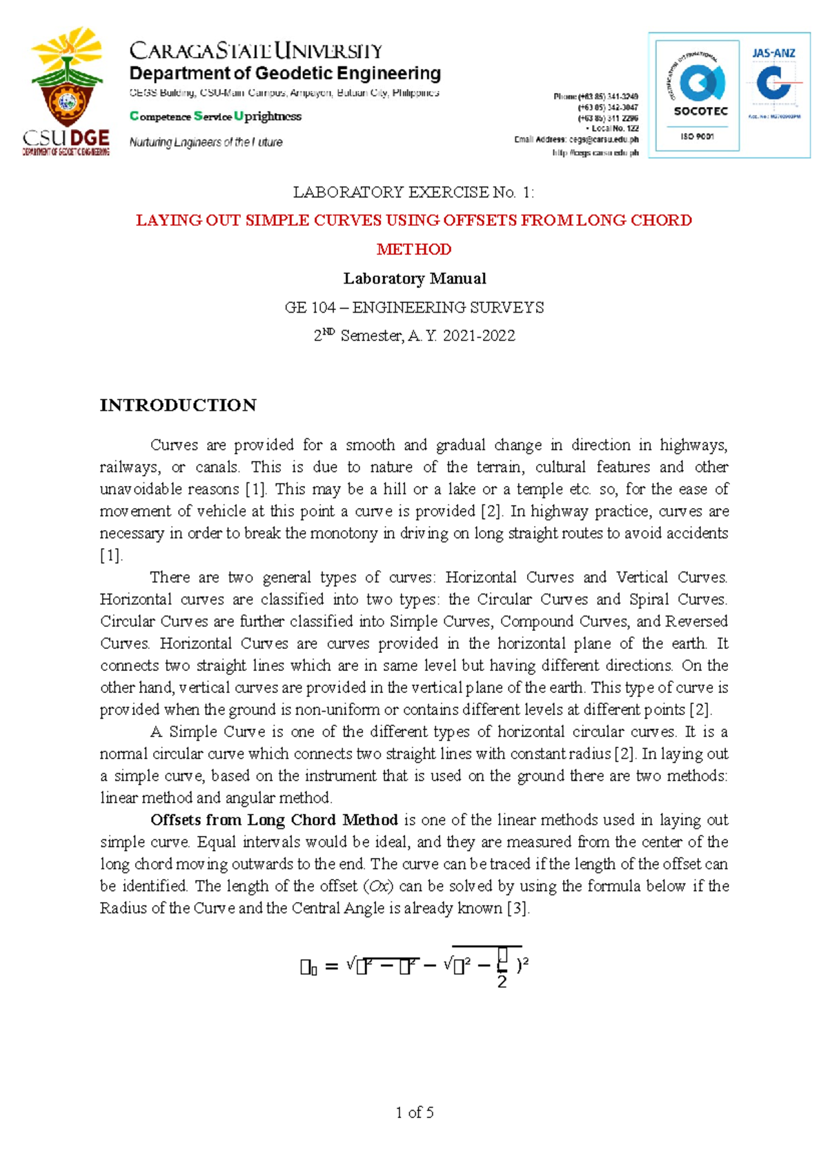 GE104 Laboratory Manual Laboratory Activity 1 2nd Sem AY20212022 - 1 of 5 LABORATORY EXERCISE No ...